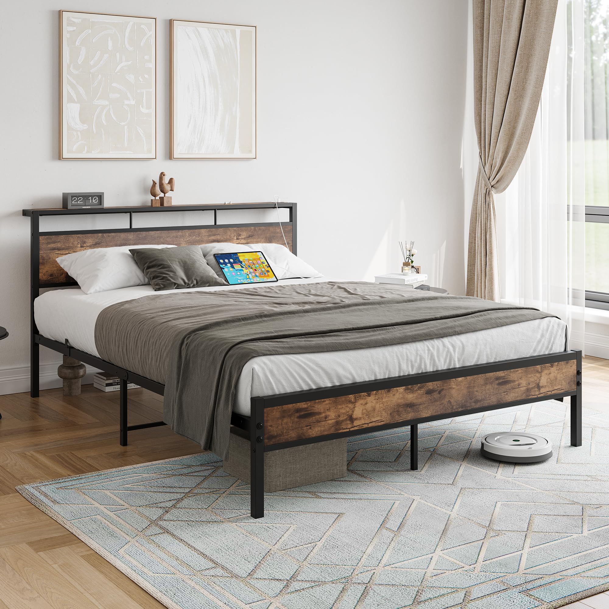 FOUBAM Queen Size Bed Frame, Storage Headboard with USB and TypeC Charging Station, Metal Platform Bed with Strong Supports,Sturdy and Noise-Free, No Box Spring Needed,Easy Assembly, Vintage Brown