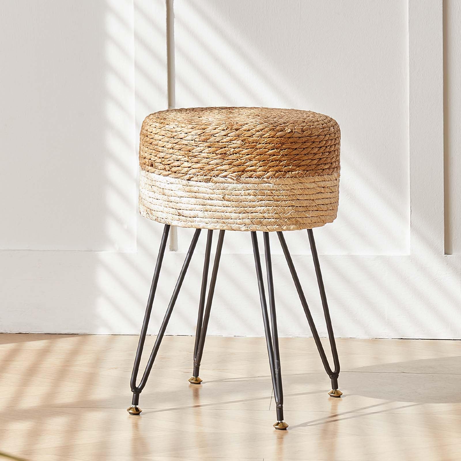 ALeesing Makeup Vanity Stool, Hand Weave Natural Seagrass Footstool Ottoman, Foot Rest Dressing Stool with Metal Leg, Modern Multifunctional Vanity Stools Chair, White