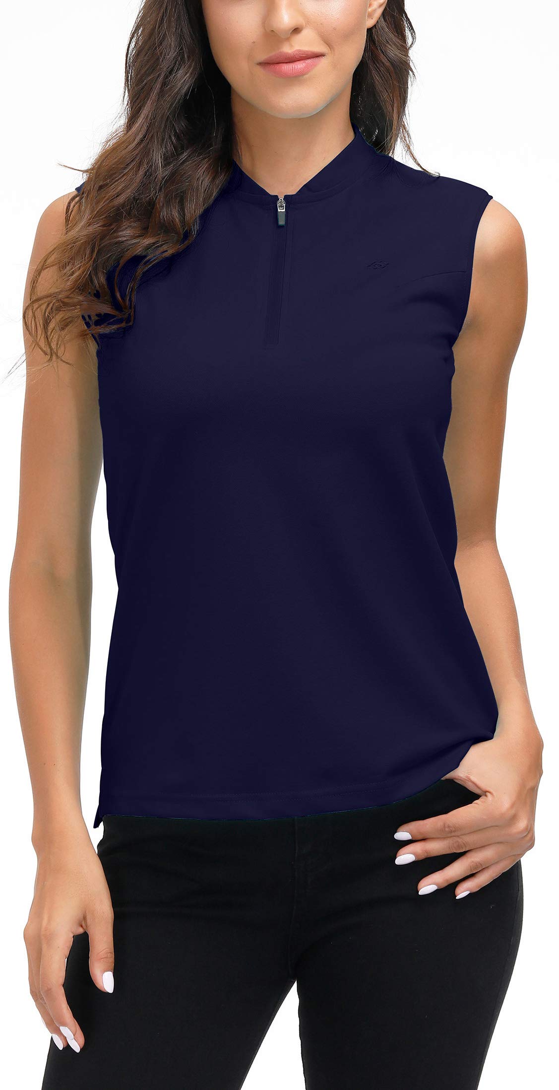 AjezMax Athletic Fit Sleeveless Zipper Polo Golf T-Shirts Breathable Comfy for Women Deep Blue Small