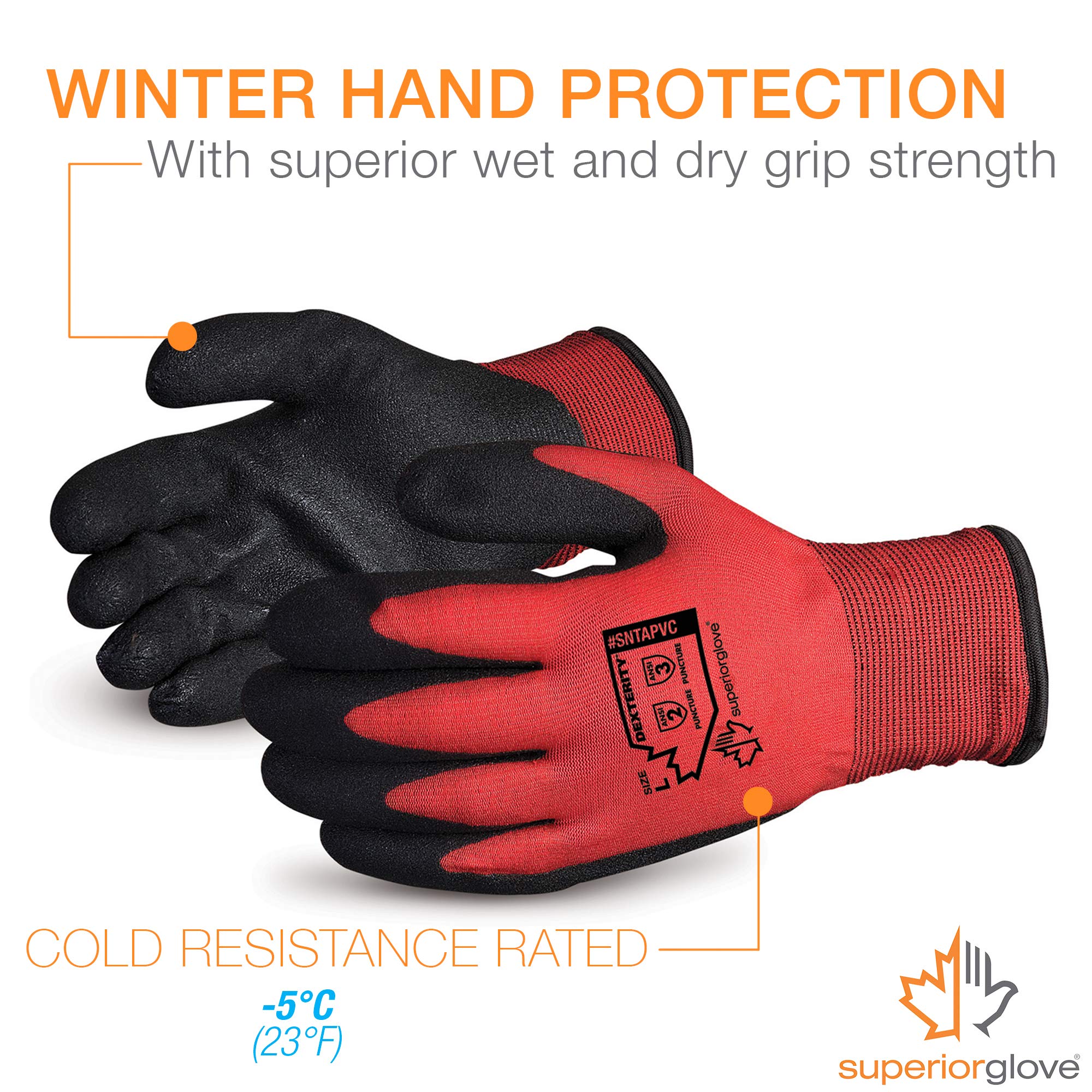 Superior Glove Winter Work Gloves - Fleece-Lined with Black Tight Grip Palms (Cold Temperatures) Freezer Gloves - SNTAPVC - Size Medium