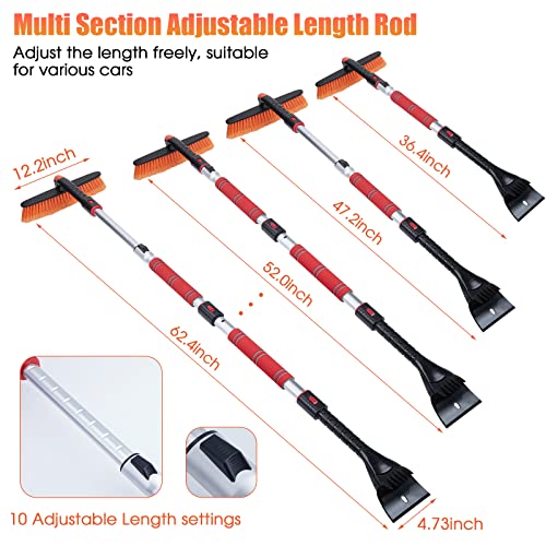 FOVAL 62.4" Extendable Snow Brush and Ice Scraper with 360°Pivoting Brush Head, Snow Removal Car Brush for Windshield Window Trucks SUVs, Essential Winter Tool Ice Remover with Comfortable Foam Grip