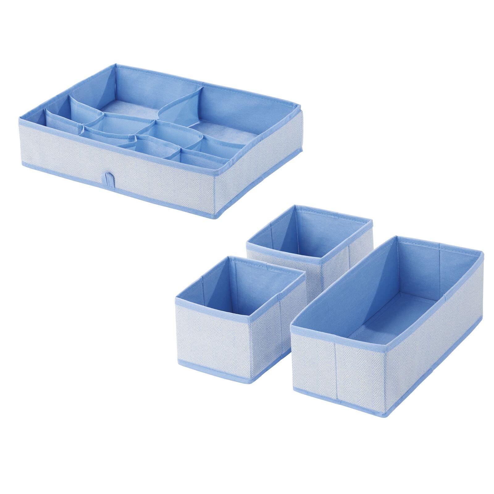 mDesign Fabric 4-Piece Drawer Organizer Bins, Kids/Baby Nursery Dresser, Closet, Shelf, Playroom Organization, Hold Clothes, Toys, Diapers, Bibs, Blankets, Blue Herringbone