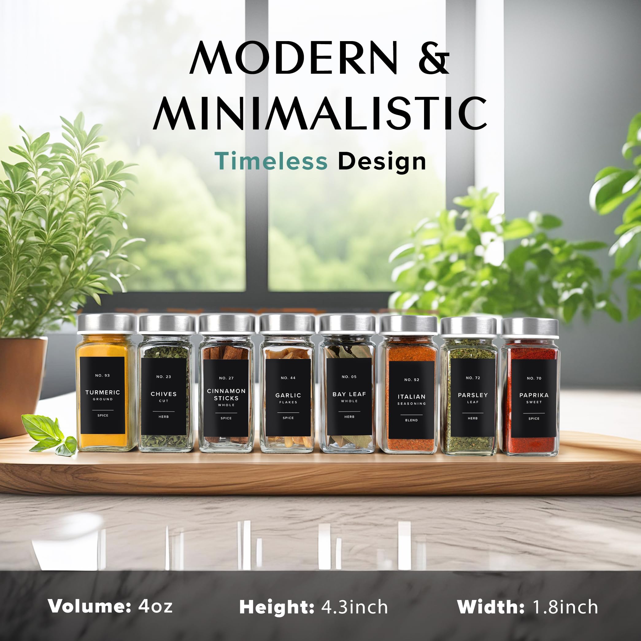 EDELHAUS Glass Spice Jars with Label and Stainless Steel Lids (24 x 4oz) Spice Containers with 240 Labels, Shaker Inserts, Steel Funnel, Empty Square Empty (Stainless steel Lid)