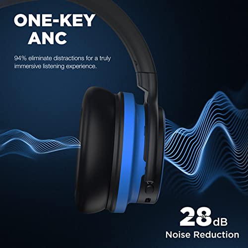 E7 Active Noise Cancelling Headphones, Over-Ear Bluetooth Headphones, Wireless Headphones with Built-in Microphones, Clear Calls, Comfortable Ear Cups, 20H Playtime for Travel, Work (Black&Blue)