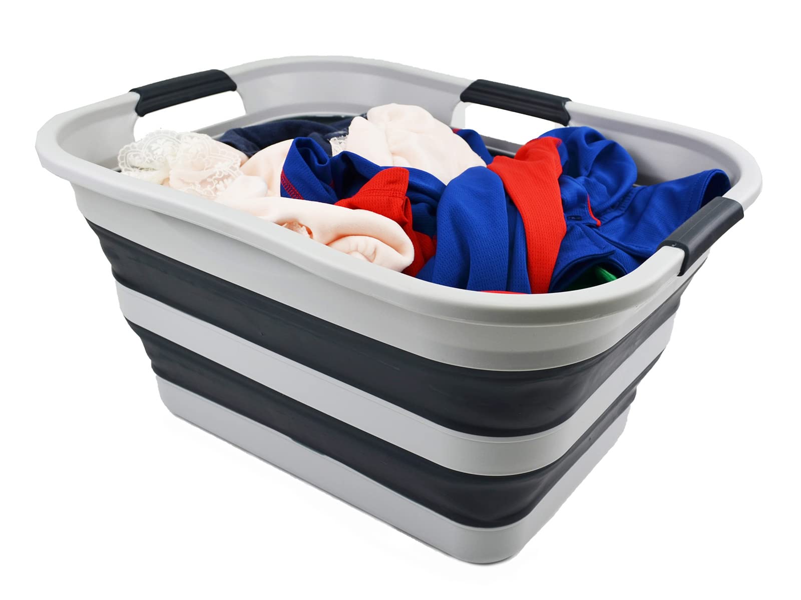SAMMART 30L(8 gallon) Collapsible Plastic Laundry Basket - Foldable Pop Up Storage Container/Organizer - Space Saving Hamper/Basket - Water Capacity 24L(6.3 gallon) (1, Grey/Slate Grey)