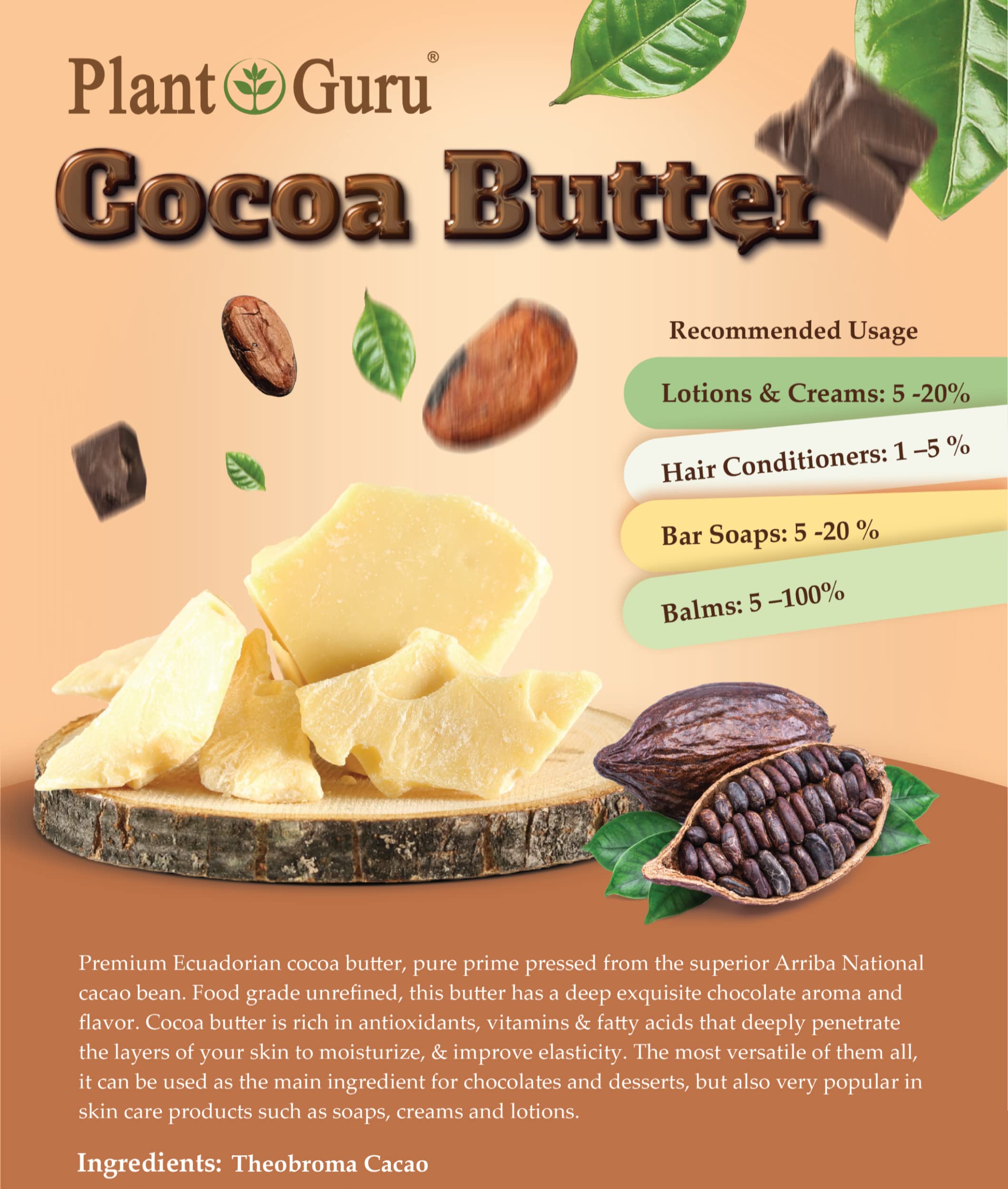 Raw Cocoa Butter 5 lbs. Bulk - 100% Pure Natural Unrefined FOOD GRADE Arriba Nacional Cacao Bean, Great For Chocolate Making, Soap, Lip Balm and Moisturizer For DIY Body Butters