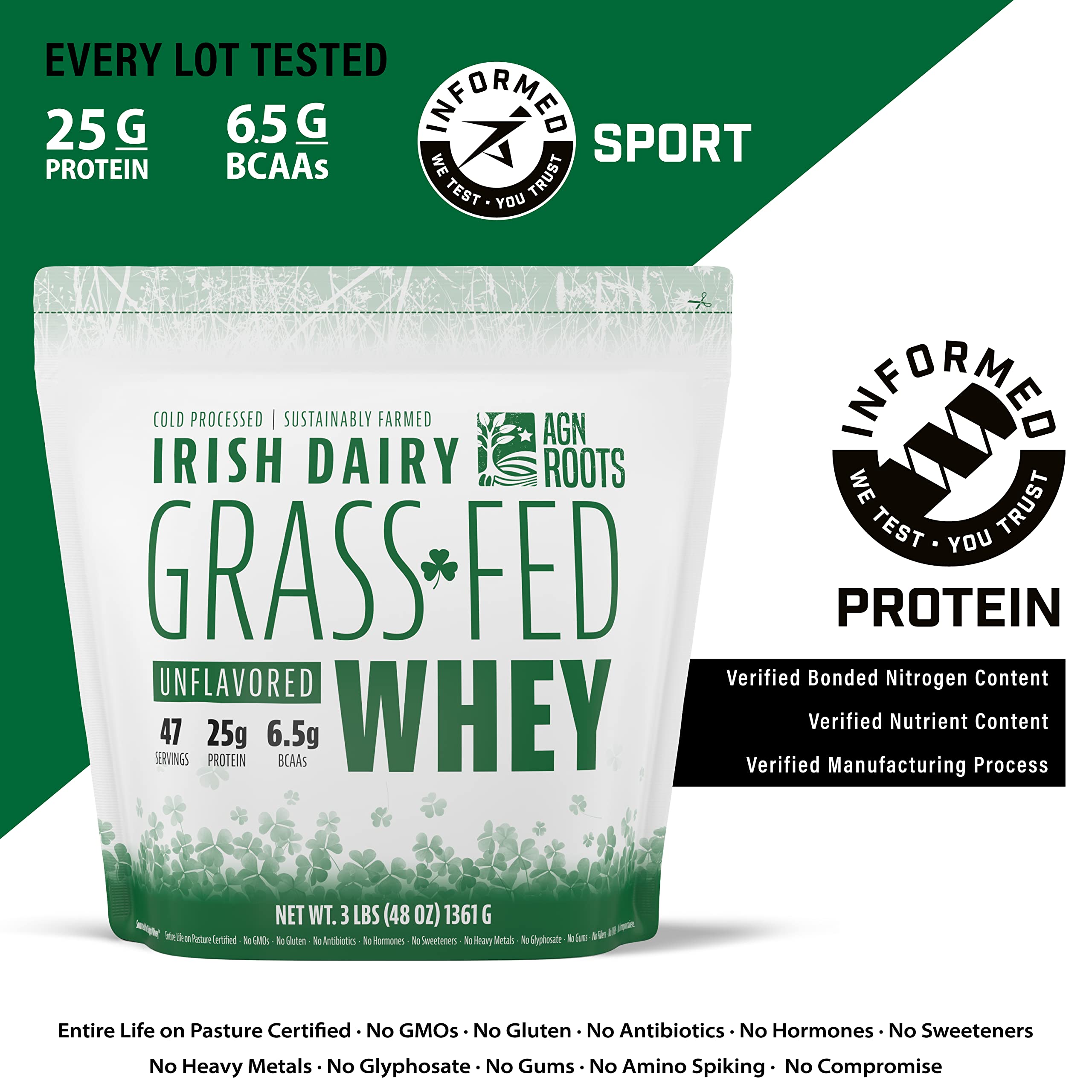 AGN Roots Grass Fed Whey Protein Powder Isolate - Unflavored - Unsweetened - Certified Entire Life On Pasture by A Greener World - ASPCA Registered - Informed Sport - Dairy Protein 1lbs