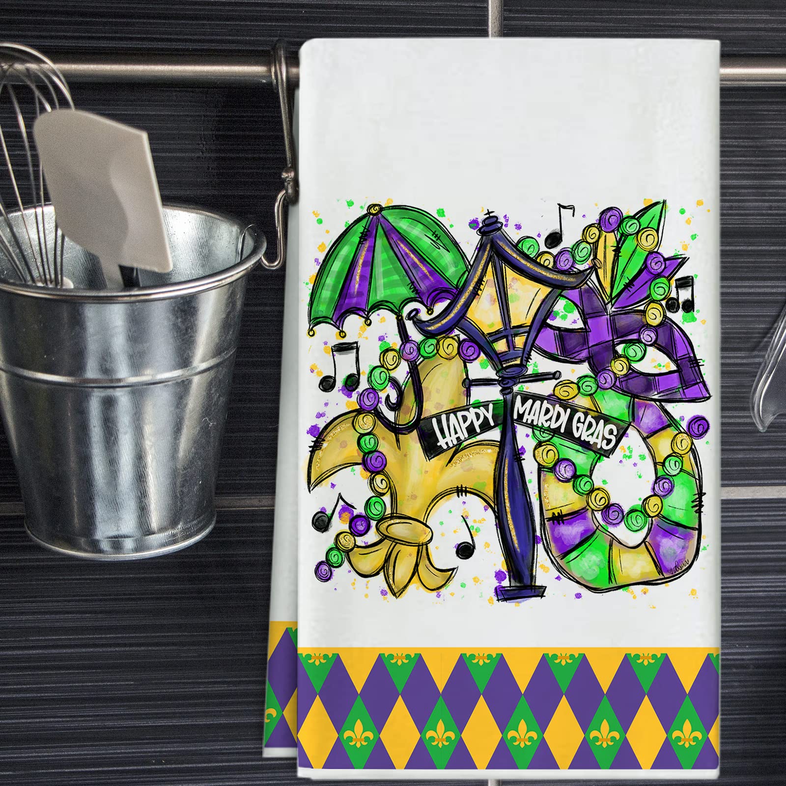 AnyDesign Mardi Gras Kitchen Dish Towel Purple Green Diamond Lattice Print Kitchen Towel 18 x 28 Inch Home Love Gnome Hand Drying Tea Towel for Carnival Cooking Baking Cleaning Wipes, 4Pcs