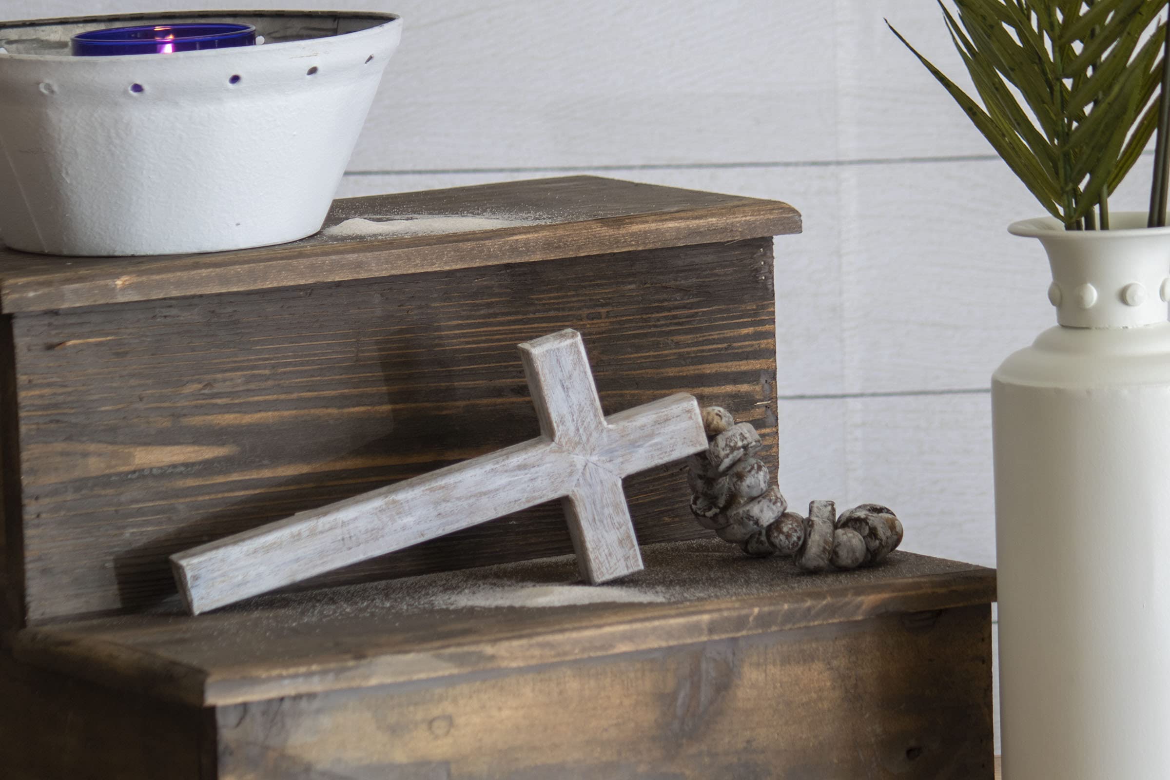 Foreside Home & Garden White Brushed Wood Cross with Beaded Hanger Wall Décor