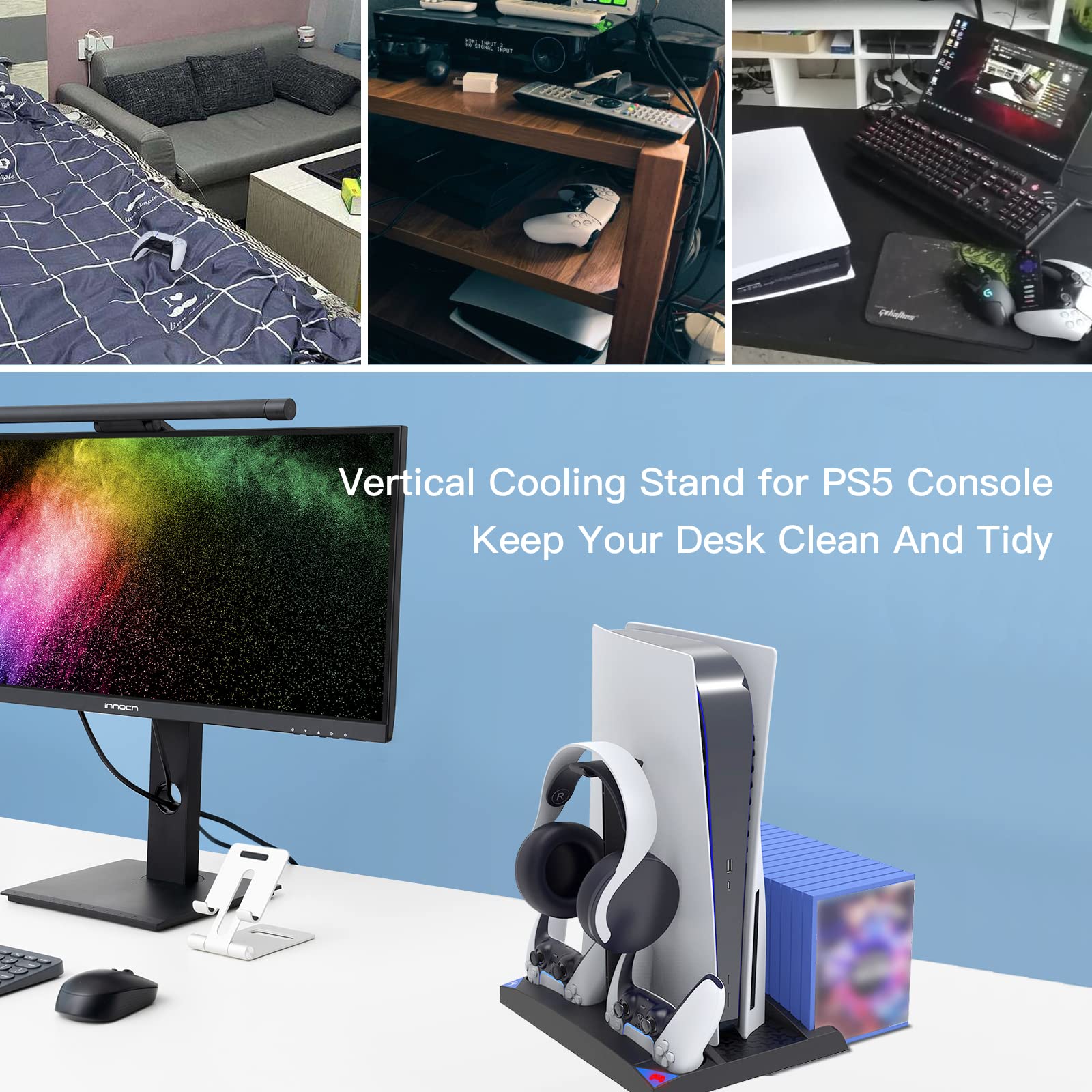 Goluodck PS5 Stand with Suction Cooling Fan and Dual Controller Charger Station for Playstation 5 PS5 Console, Suction Cooler Fan with Charging Dock Station and 12 Games Storage