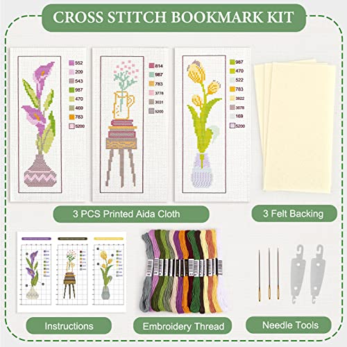 Caydo 3 Pieces Cross Stitch Bookmark Kits, Flowers Stamped Embroidery Bookmark with Backing Felt and Instructions Beginner Cross Stitch Kits for Adults, Book Lovers, 14 CT