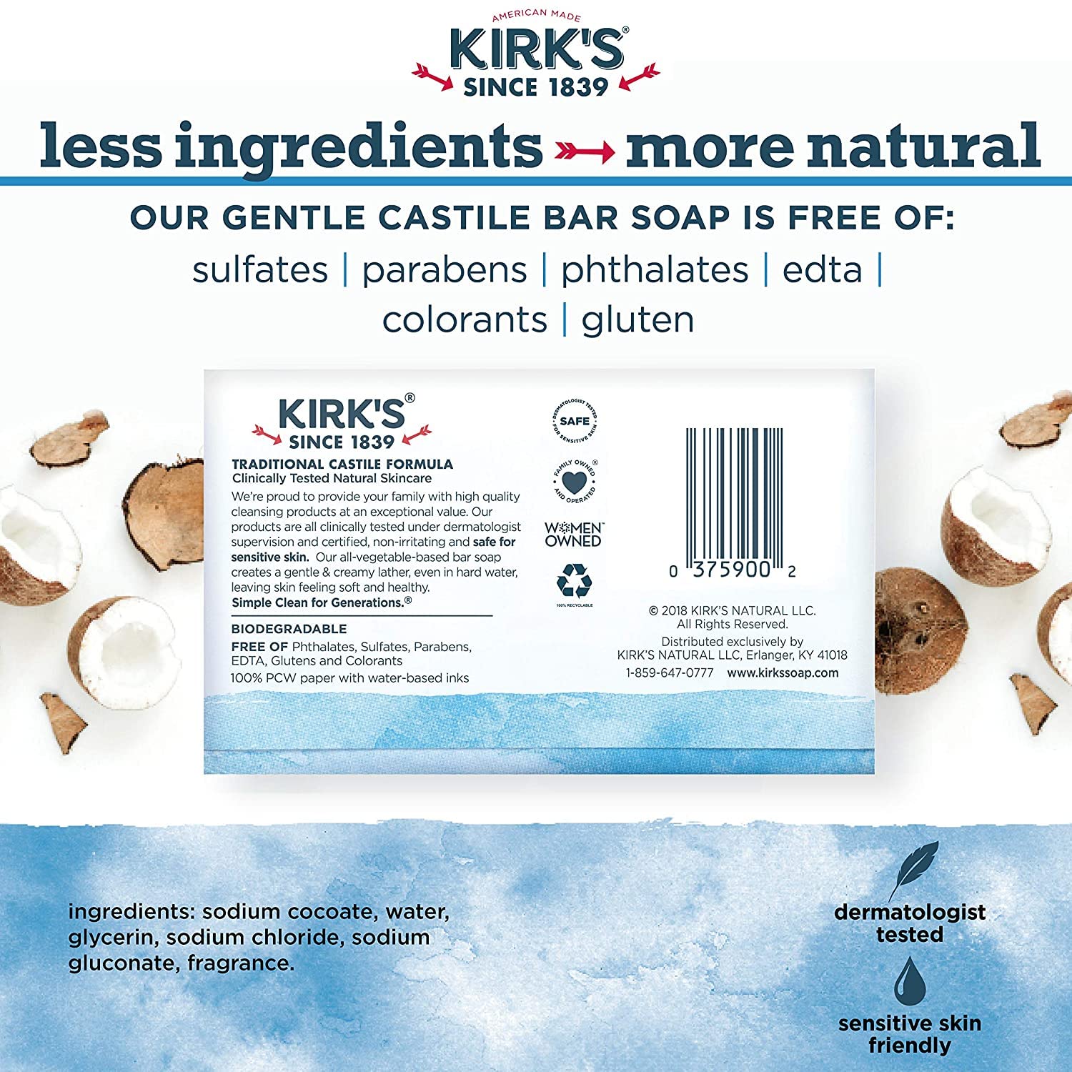 Kirk's Castile: Coco Castile Bar Soap, Original 4 oz (2 pack)