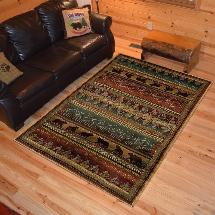 Bear Rug for Cabin, Rustic Logde Bear Cubs Area Rug, Native Carpet for Living Room, Pinecone Rug Black Bear Rugs Wildlife Rugs, Deer Hunting Rug Décor A131