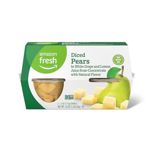 Amazon Fresh, Diced Pears in White Grape and Lemon Juice, 4 Oz Bowls (Pack of 4) (Previously Happy Belly, Packaging May Vary)