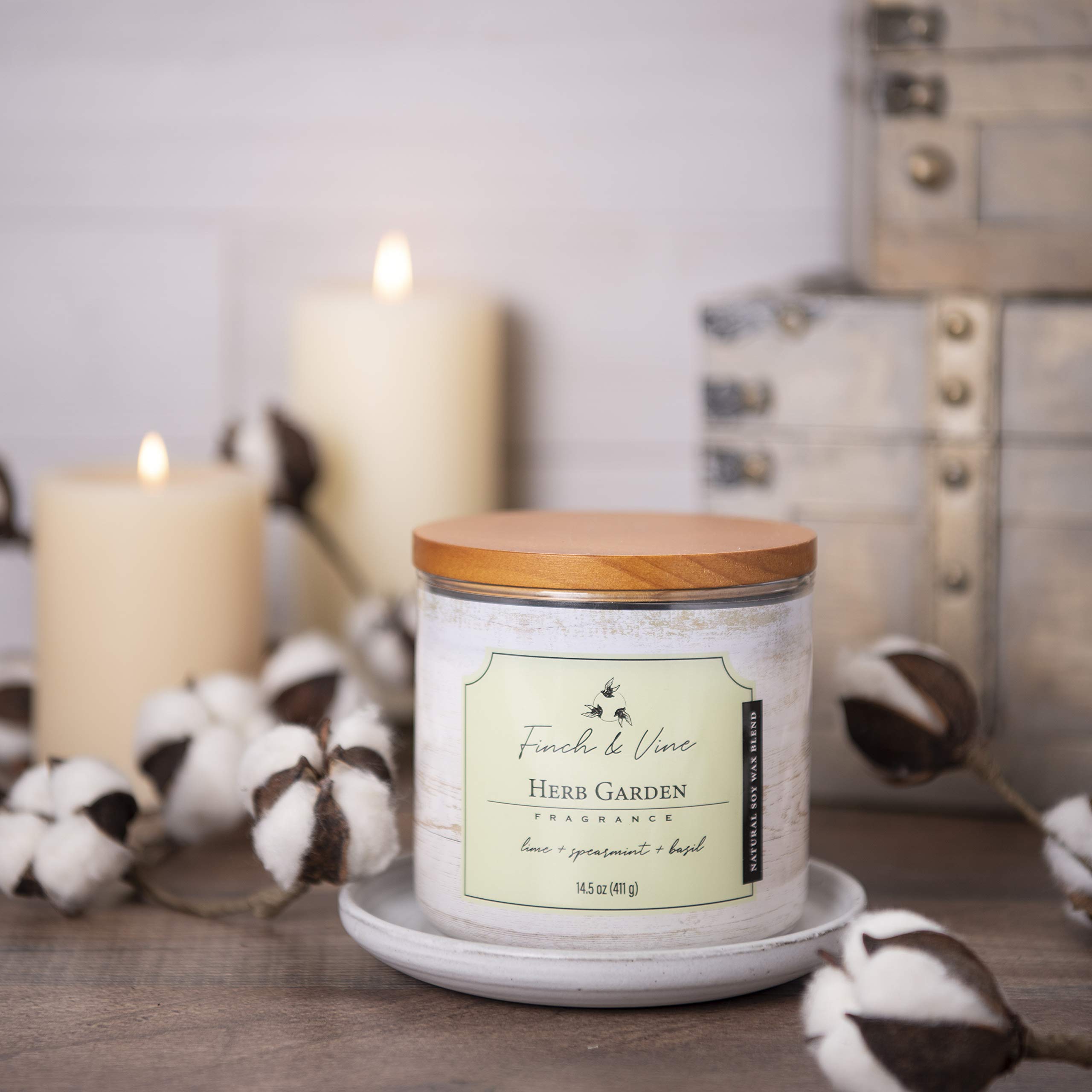 Carolina Candle Herb Garden Scented Jar Candle, Finch & Vine Collection, 3 Wick, 14.5 oz - Up to 60 Hours Burn