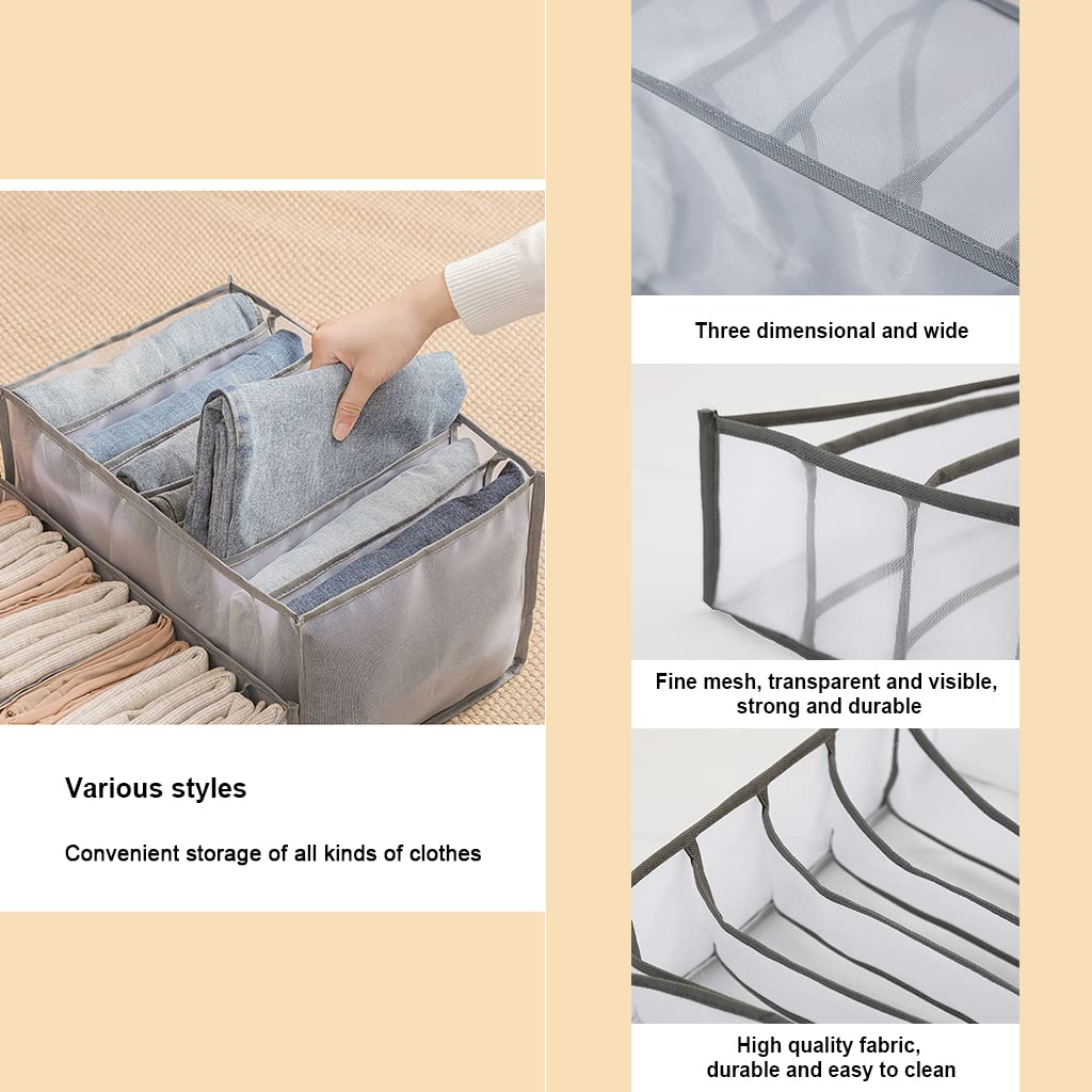 Dongyue 2Pcs 7 Grids Wardrobe Clothes Organizer Jeans Wardrobe Organizer Washable Mesh Kids Drawer Organizer suit for T-shirt,Legging,Skirts,Jeans,Kid Clothes (Grey, Large+Medium)