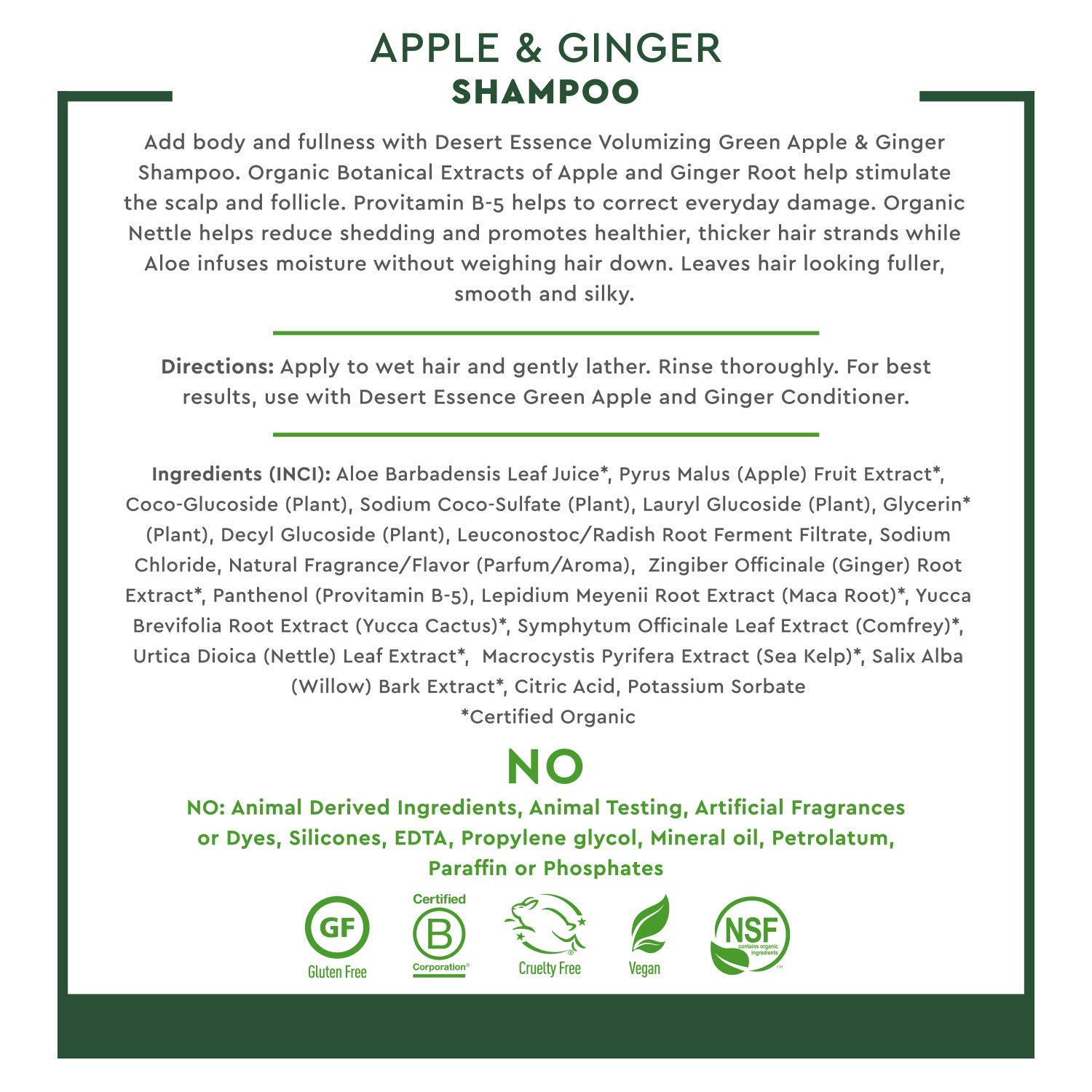 Desert Essence Green Apple & Ginger Shampoo & Conditioner Bundle - 8 Fl Ounce - Volume For Fine Hair - Natural - Deep Moisturizing - Antioxidants - Maca Root - Softer & Shinier - Smooth & Silky
