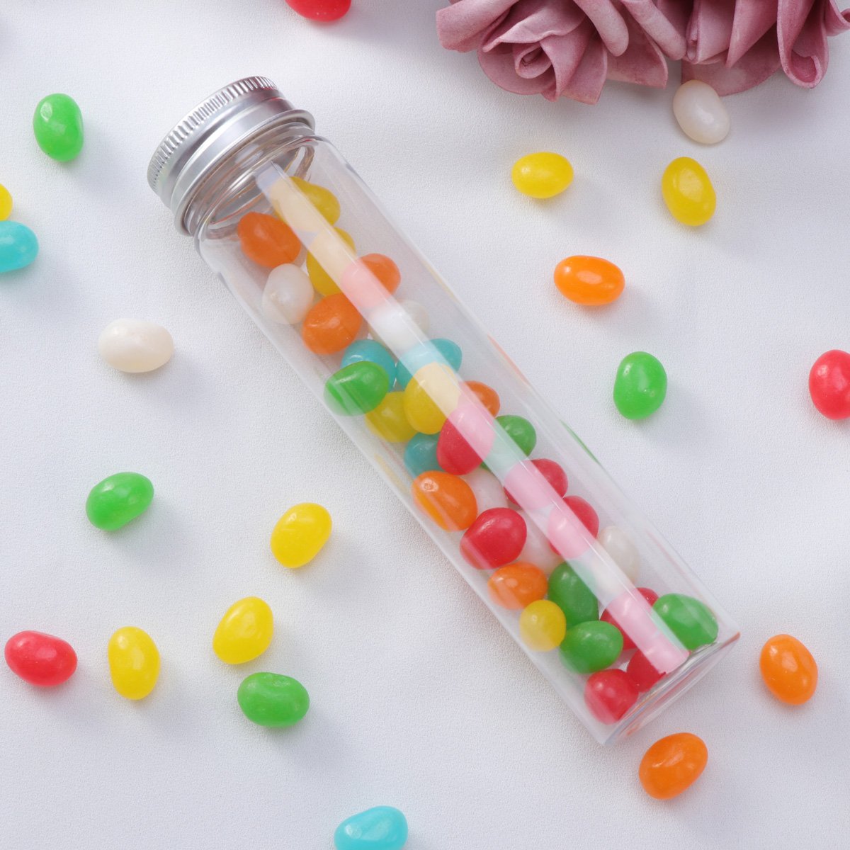 UEETEK 15pcs 110ml Flat-Bottomed Plastic Clear Test Tubes with Screw Caps Candy Cosmetic Travel Lotion Containers