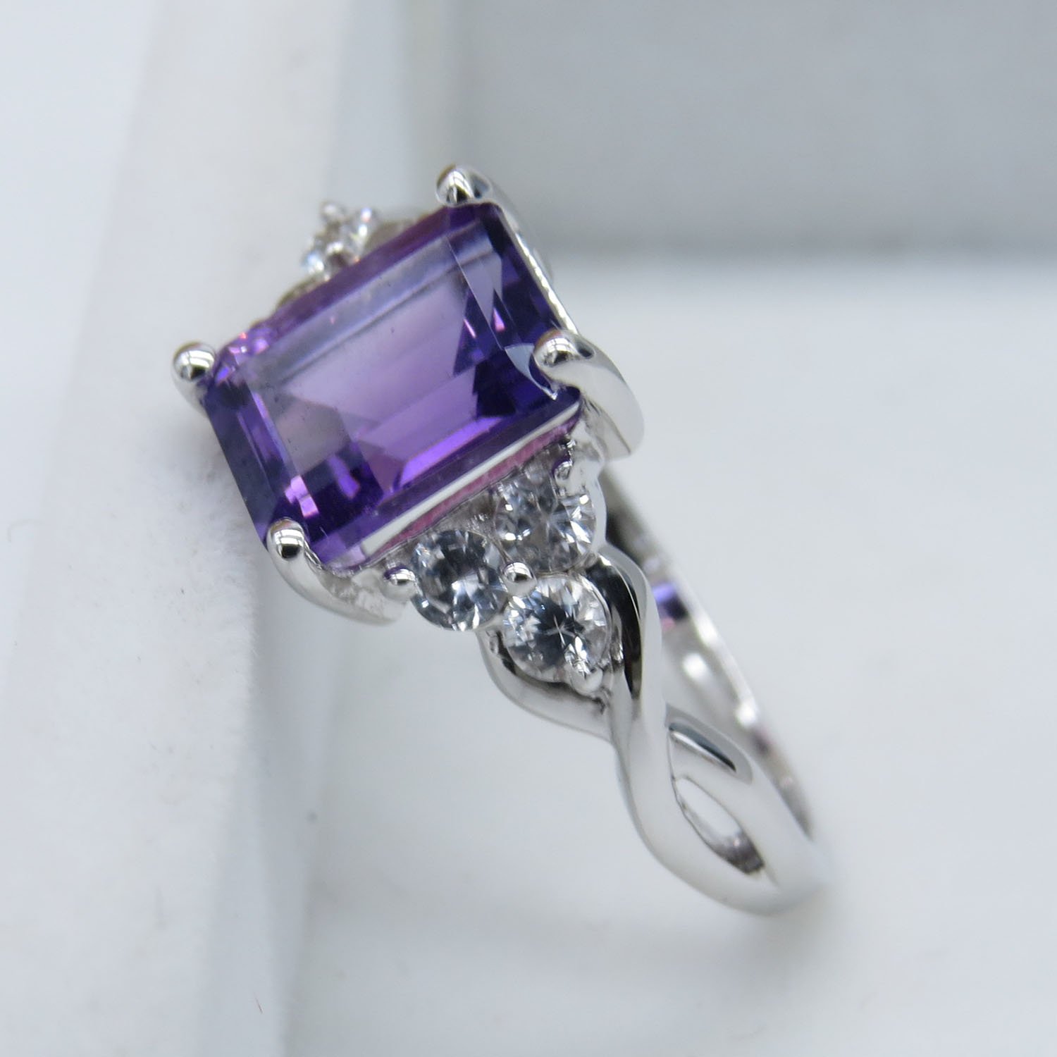 Dazzlingrock Collection 8X6 MM Emerald Cut Amethyst & Round White Sapphire Halo Engagement Ring for Her in 18K Solid White Gold, Size 8.5
