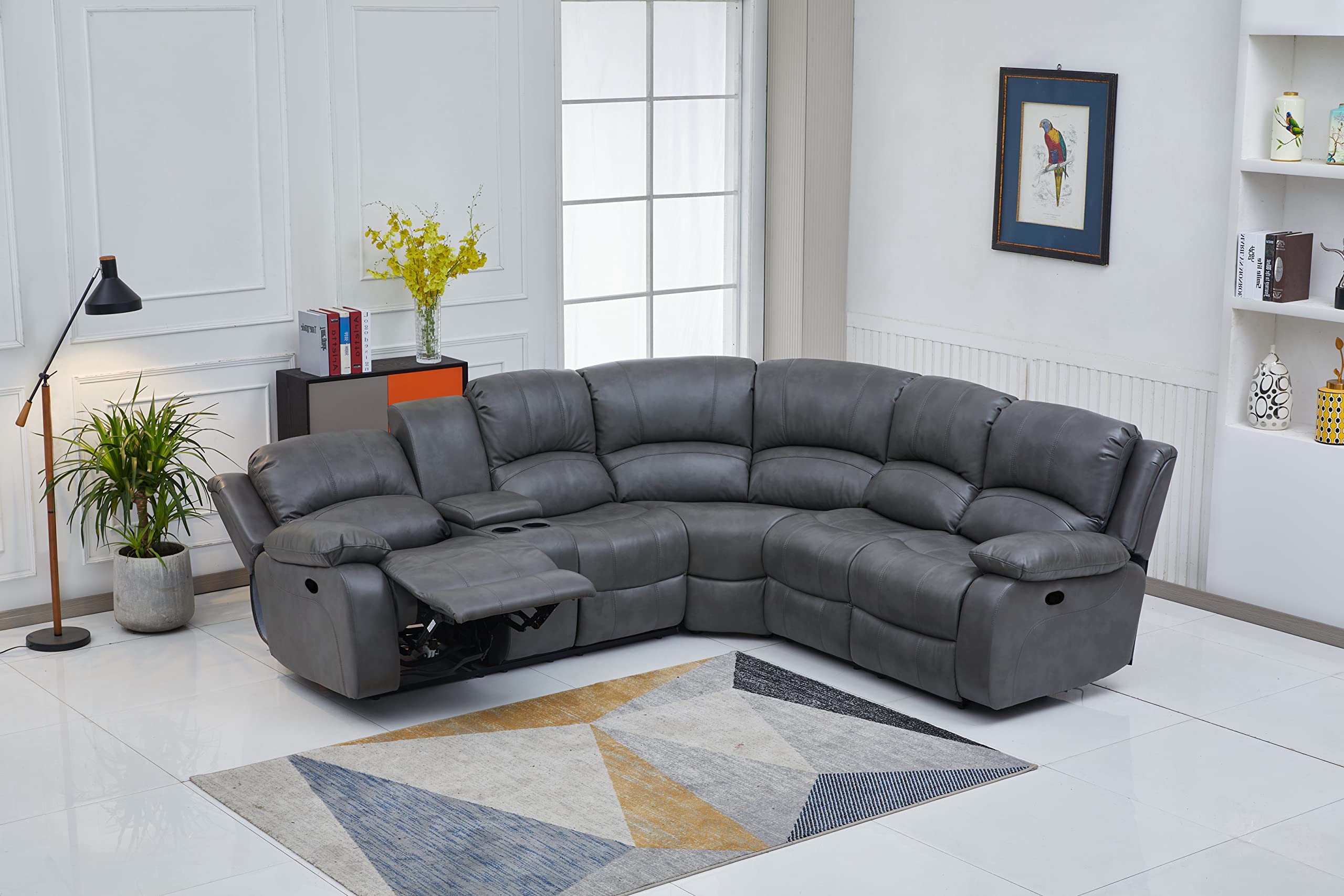 Betsy Furniture Bonded Leather Sectional in Multiple Colors, Sectional with 3 Reclining Seats, Console (Grey, Left Console Sectional)