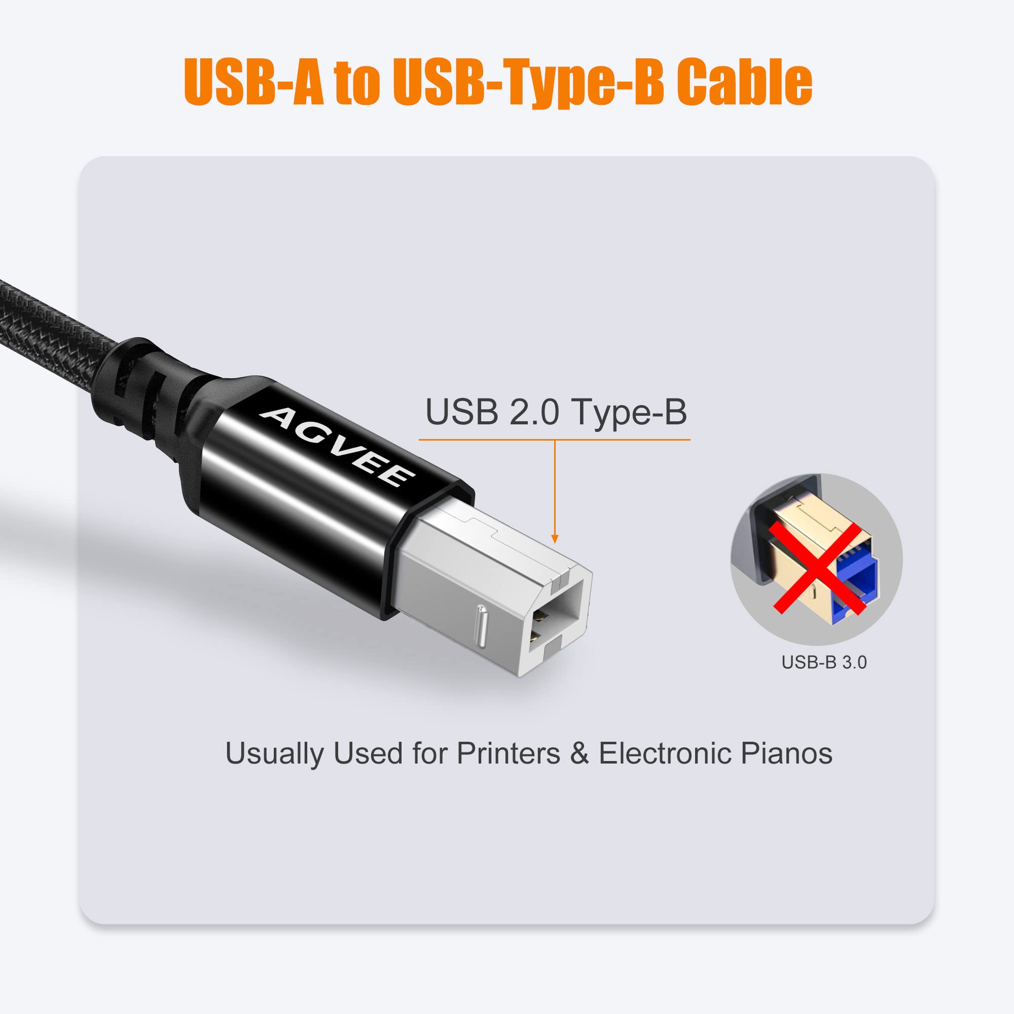 AGVEE [2 Pack 15ft Long USB Printer Cable, A to B MIDI Cable Cord, Braided Stable Data for HP Canon Epson Brother Printer, Piano, Midi Controller, Midi Keyboard, Audio Interface Recording, Black
