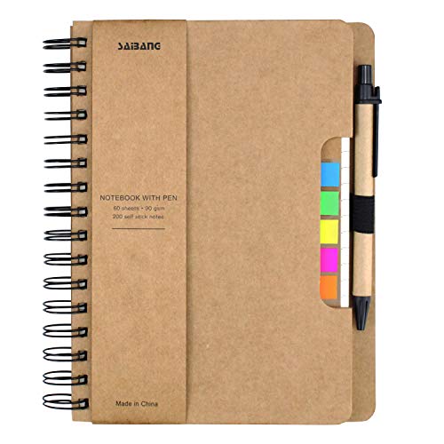 SAIBANG A5 Spiral Notebook Business Notepad with Pen in Holder and Sticky Notes Index Tabs Page Markers for School Office, 18 by 21 cm, 60 Sheets Totally, Kraft Cover (Khaki)