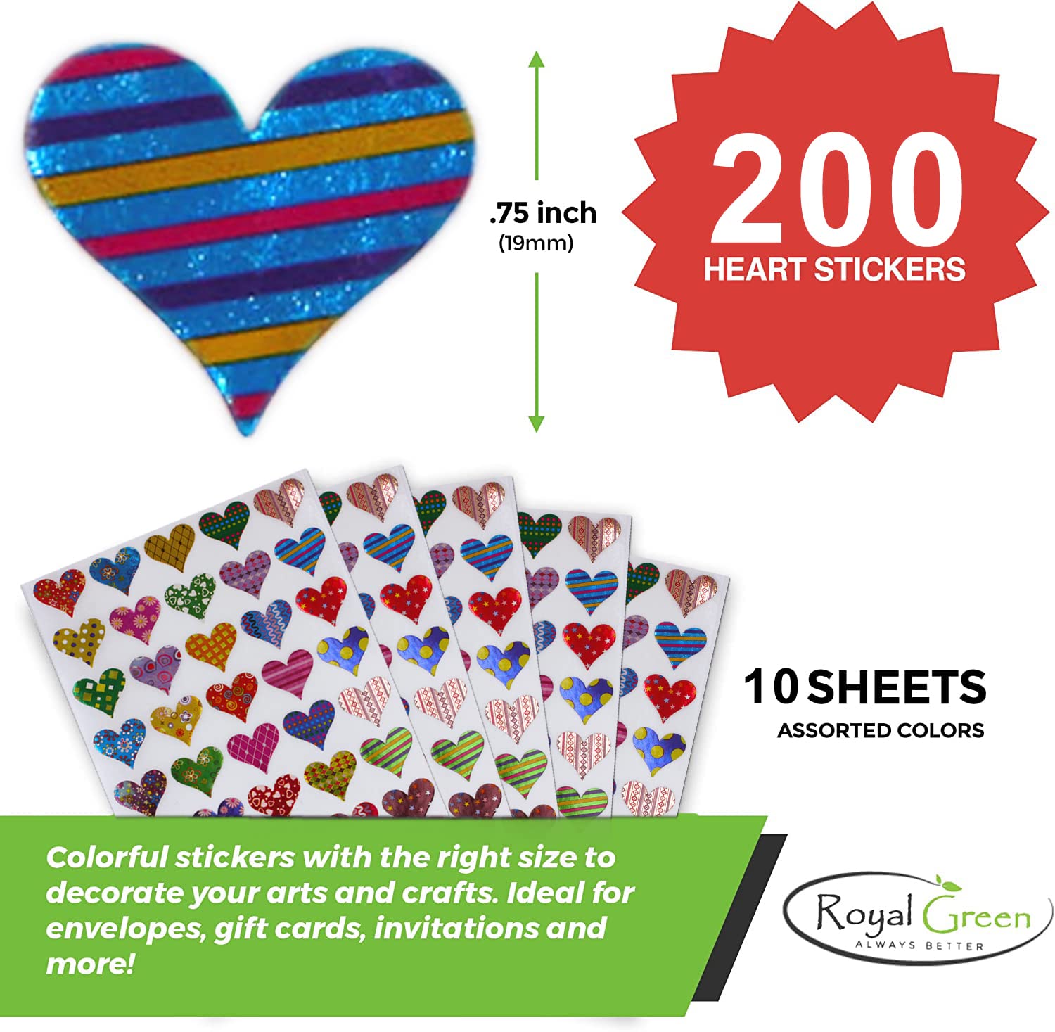 Royal Green Foil Heart Stickers in Gold Heart Shape Labels for Art and Crafts Permanent Adhesive - 400 Pack