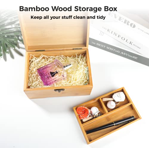CDOKY Large Wooden Box with Hinged Lid, Bamboo Wood Multi-purpose Storage Box with Tray 2 Compartments, Natural Wood Organizer for Photos, Jewelry Home Office Decor, 7 x 5 x 4 in (Large)