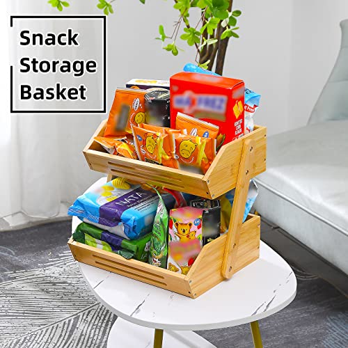 Fruit Basket, 2 Tier Bamboo Fruit Basket for Kitchen, 11" Tall Fruit Stand Storage Holder, Heavy Duty/Multipurpose/Large Capacity for Vegetables, Fruit, and Snack, 15 mm Thickness (Self-assembly)