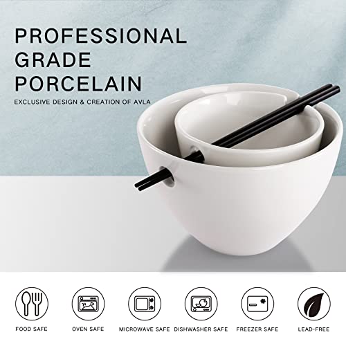 AVLA 2 Pack Porcelain Ramen Bowls, 15/26 OZ Japanese Udon Noodle Miso Bowls with Chopsticks, Deep Soup Bowl Set with Holes for Pho, Soba, Dipping Dishes, Dishwasher and Microwave Safe
