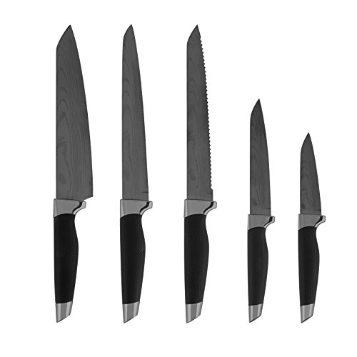 Tower Kitchen Stainless Steel Blades and Acrylic Stand, 5-Piece Knife Set, Black Damascus Effect