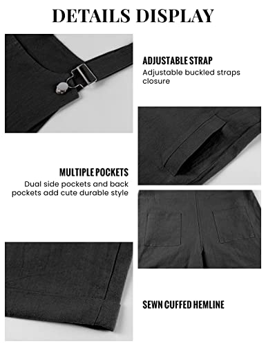 Fiona Jolin Women's Summer Cotton Linen Short Overalls Casual Bib Overall Shorts Rompers with Pockets (Black-Large)