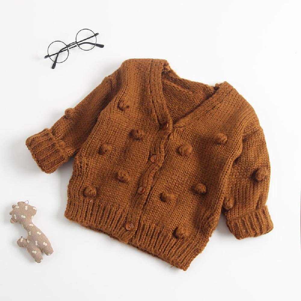 Toddler Baby Girls Winter Coat Pompom Button Knit Sweater Cardigan Kids Long Sleeve Warm Jacket Outerwear (Solid Brown, 2-3T)