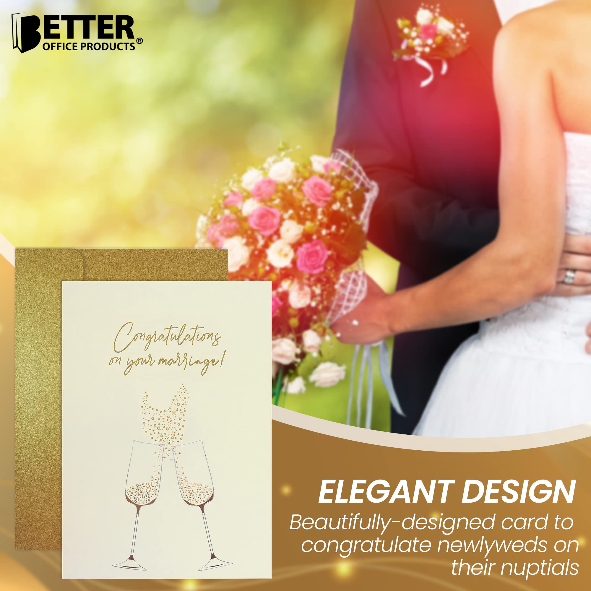 Better Office Products Wedding Congratulations Card with Metallic Gold & Silver Foil, Gold Shimmer Envelope, Classic 5 x 7 Inch Size, Heavy Textured Cardstock