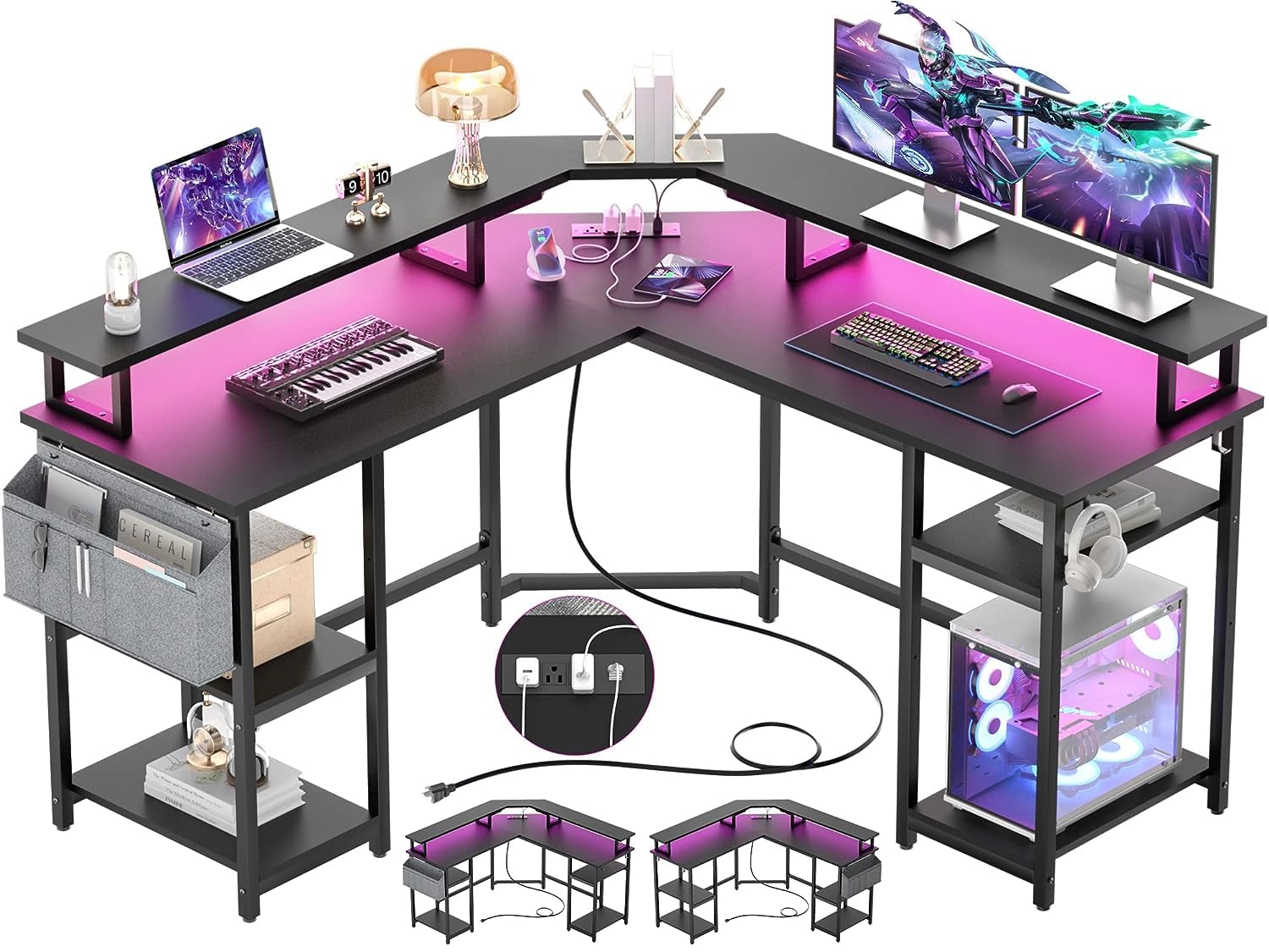 Aheaplus L Shaped Gaming Desk with Power Outlets & LED Lights, L- Shaped Desk Computer Corner Desk with Monitor Stand and Storage Shelf, Home Office Desk Writing Desk with Storage Bag, Black