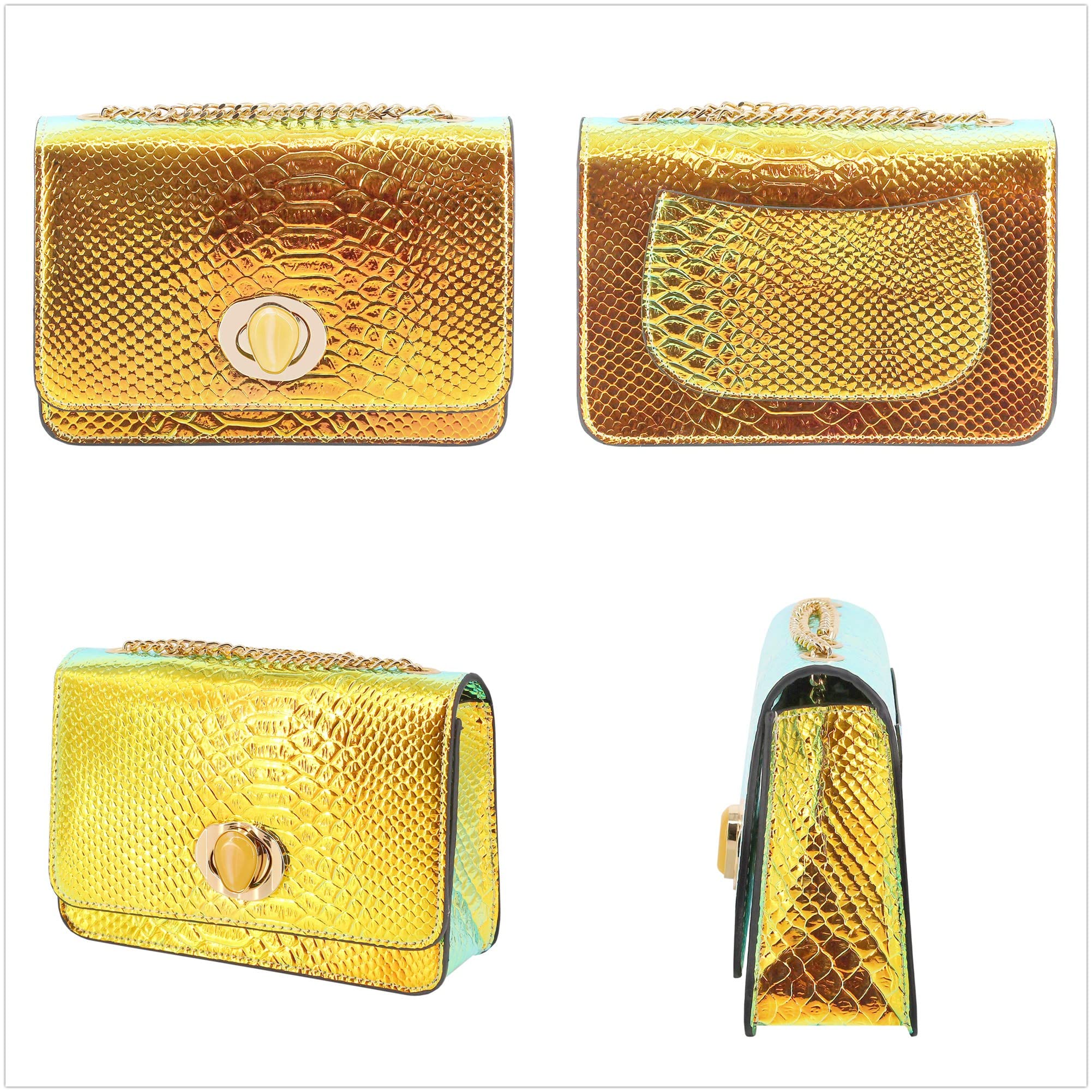 Gabrine Womens Evening Bag Holographic Snake Skin Leather Shoulder Bag Crossbody Bag with Detachable Chain, Yellow