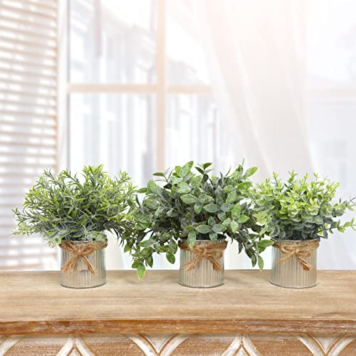 CEWOR 3 Pack Fake Potted Plants for Farmhouse Decor, Artificial Eucalyptus Metal Pots in Rustic Rectangular Pots Table Centerpiece for Dining Room Bathroom Desk Room Office Greenery Decor or Gift