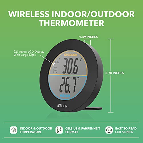 BALDR Wireless Indoor/Outdoor Thermometer - Surface or Wall Mounted Temperature Monitor, 2.5β LCD Display Thermometer with Min/Max Records & Trend Arrows Sign - Portable Home Weather Station (Black)
