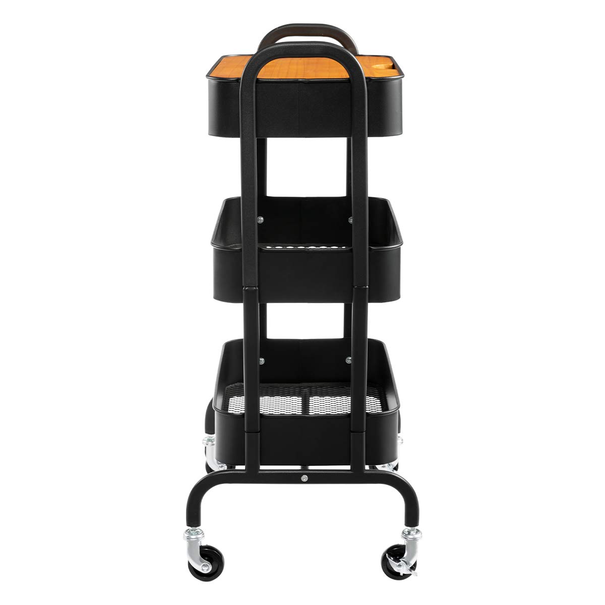 AGTEK 3-Tier Metal Utility Cart with Wheels, Black Storage Rolling Cart with Handles, Movable Makeup Cart with Plants