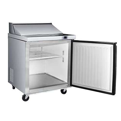 DUURA DUPT29 Commercial Refrigerated Sandwich and Salad Prep Station Single Door with 4 4-Inch Pans and Food Grade Cutting Board, 7.59-Cu.Ft, Metallic