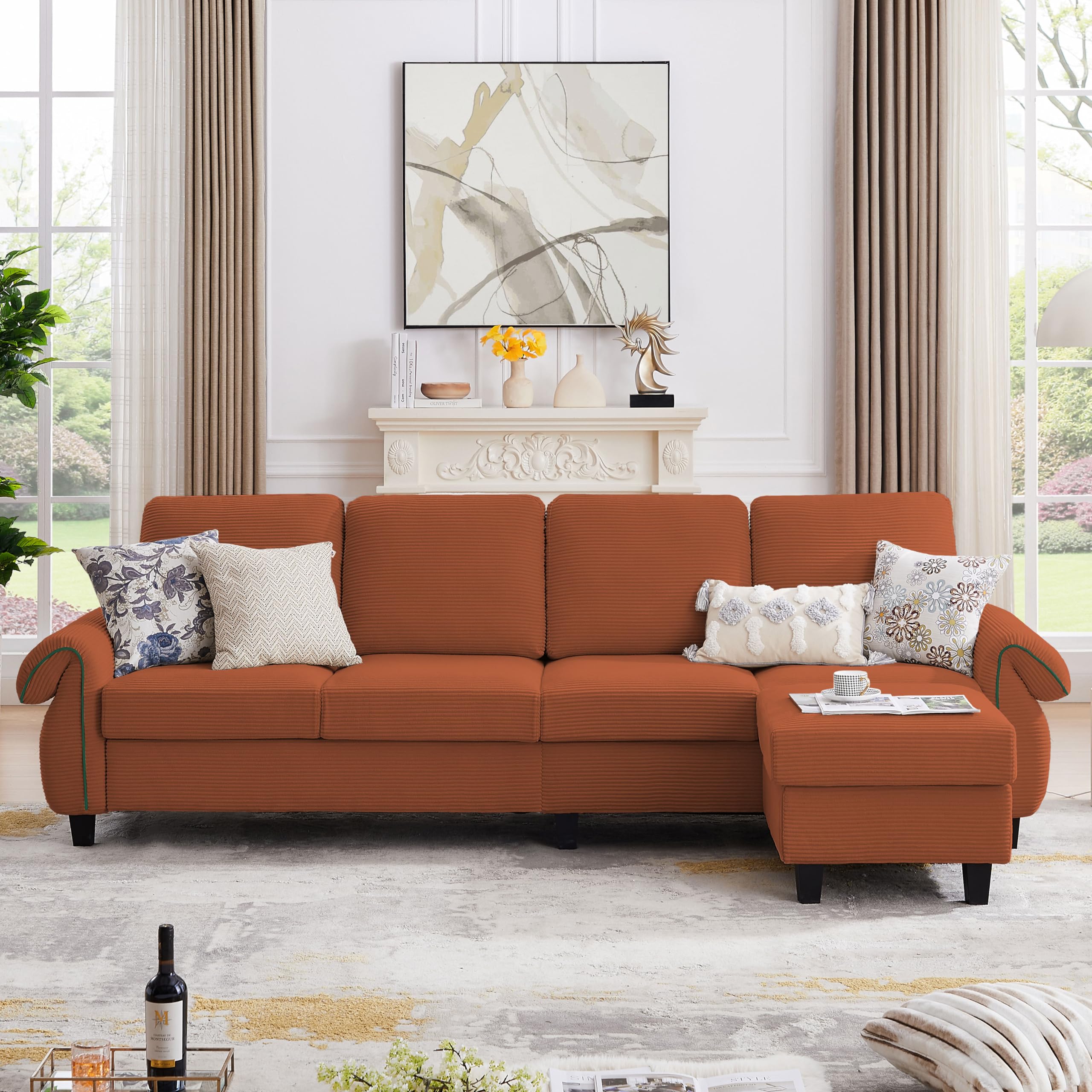 Pingliang Home 112" Sectional Sofa Couch, 4 Seat L Shaped Couch with Reversible Ottoman and Wooden Legs, Modern Polyester Fabric Couches for Living Room Apartment Office, Orange