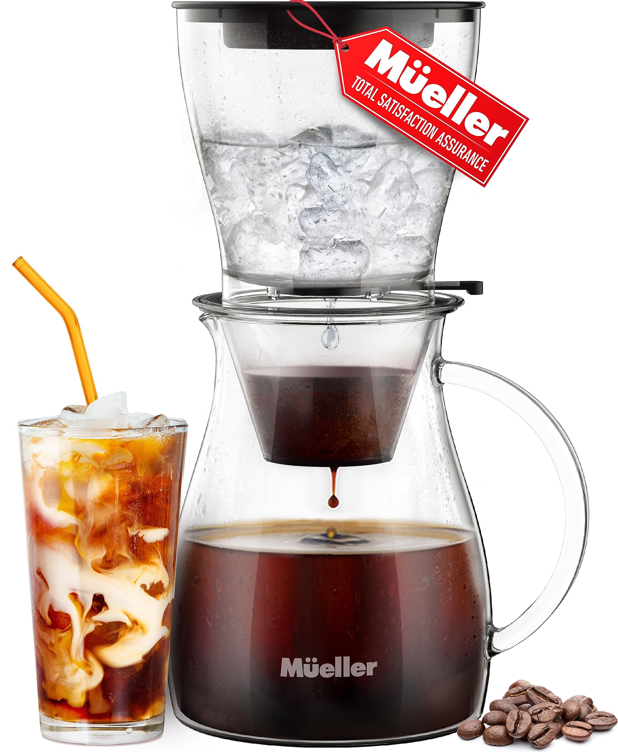 Mueller QuickBrew Smooth Cold Brew Coffee and Tea Maker 47 oz, Dripper Iced Coffee Brewer Maker with Adjustable Water Flow, Stainless Steel Filter, Borosilicate Glass Carafe