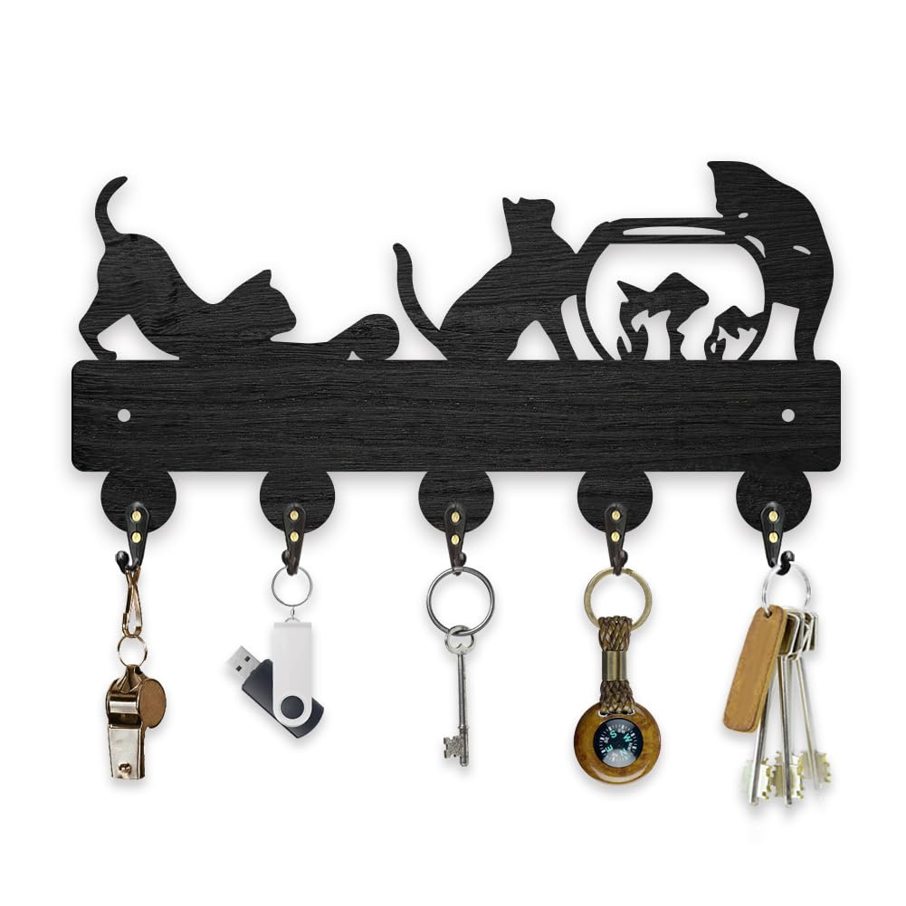 BEUNITONE Cat Wooden Key Holder Animal Key Hanger 11.8x7.9 Cat Fish Decorative Key Holder Rack Wall Mounted Wood Key Display Holder with 5 Hooks and Screws for Entryway Kitchen Hallway Office