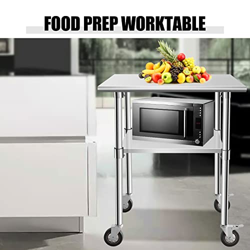 Hasopy Food Prep Stainless Steel Table 30" x 24", Heavy Duty Workbench with Adjustable Under Shelf, Commercial Worktable with 4 Casters for Commerical Kitchen, Restaurant, Home and Hotel