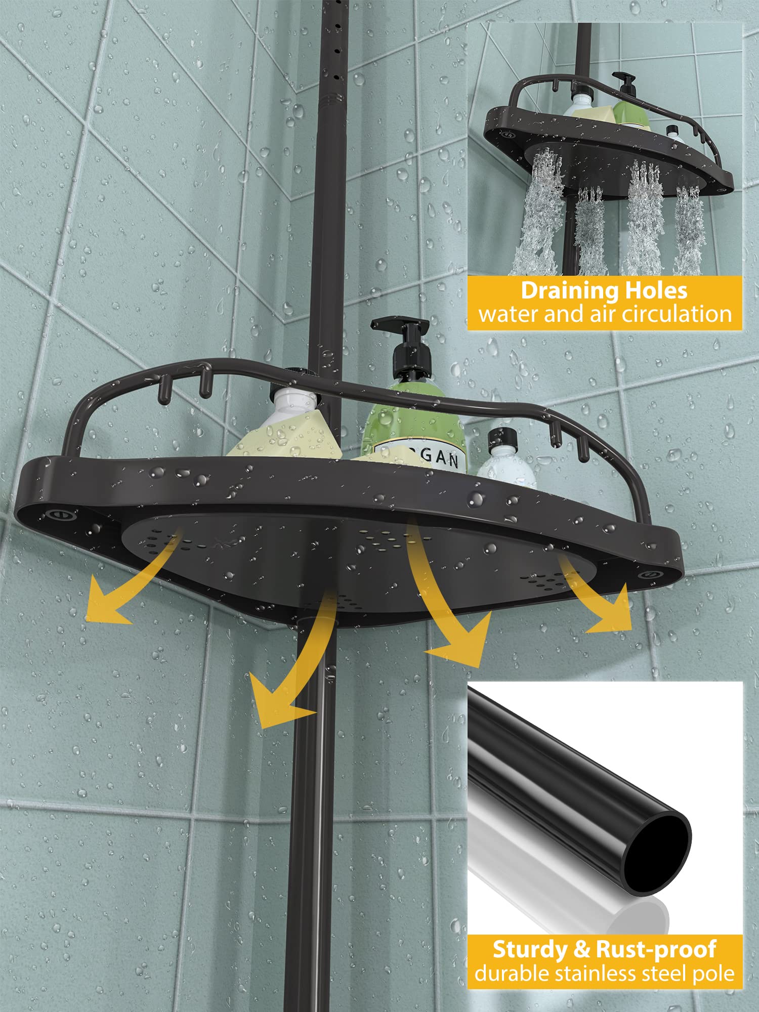 Corner Shower Caddy Organizer with Tension Pole, Adjustable Rustproof Shower Caddy with 4 Tier Shelf for Bathroom Bathtub Tub Shampoo Accessories - 38 to 116 inch Height, Black