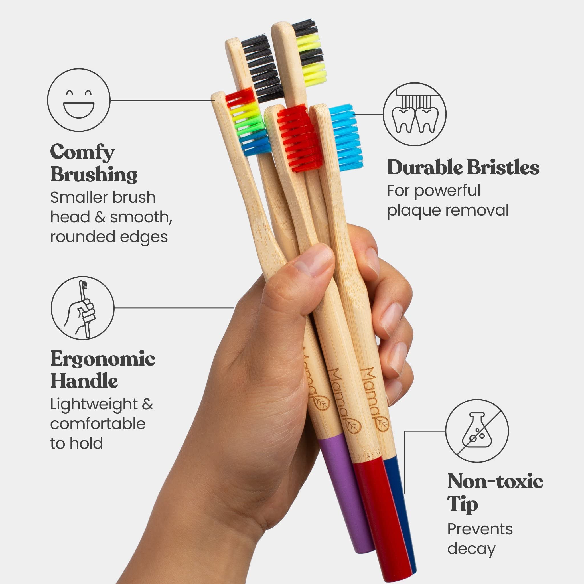 MamaP Bamboo Toothbrush Set for Adults, Medium Nylon Bristles, Family Toothbrush Multipack, Eco-Friendly 100% Natural, Recyclable & Compostable, Multicolor Handle, 5-Pack