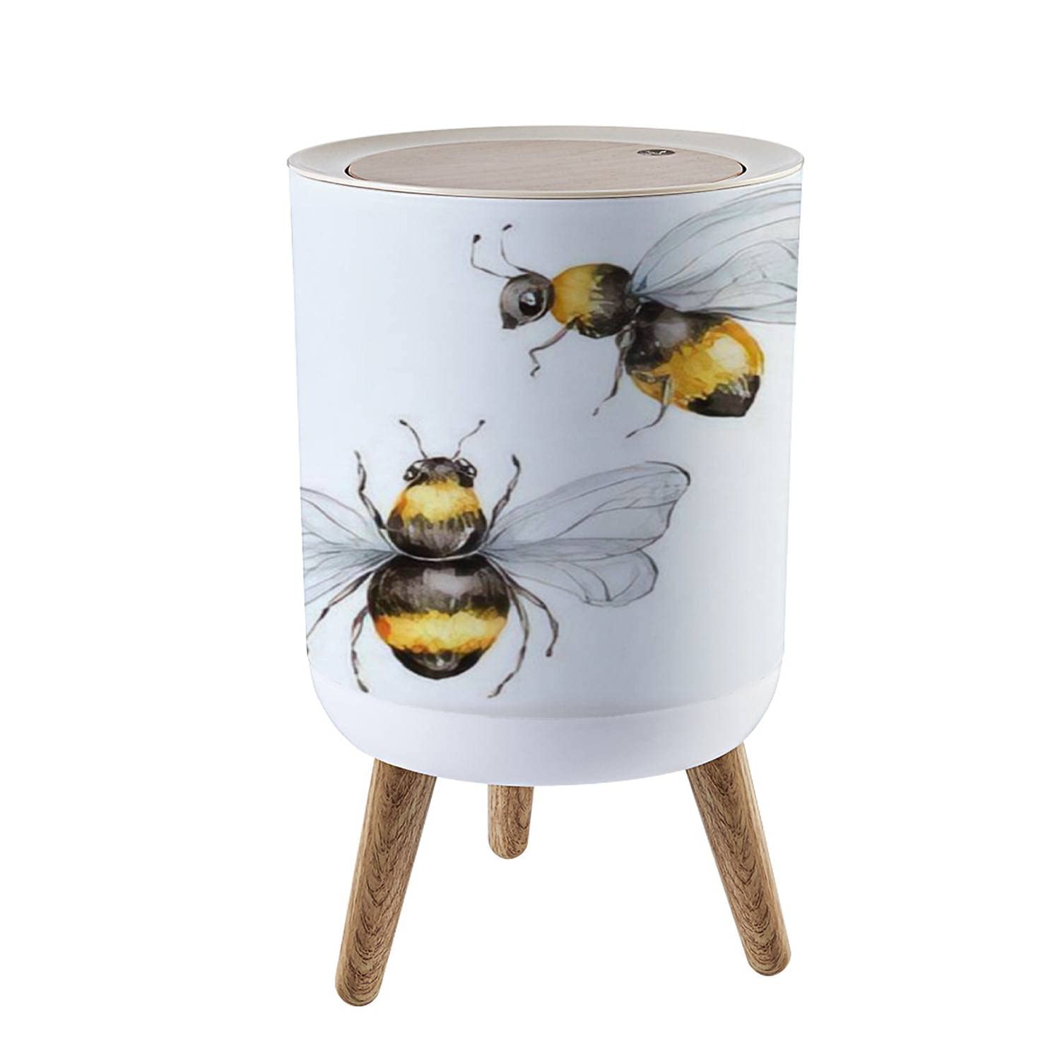 LGCZNWDFHTZ Small Trash Can with Lid for Bathroom Kitchen Office Diaper Two Bees Watercolor Hand Draw White Isolated Bedroom Garbage Trash Bin Dog Proof Waste Basket Cute Decorative