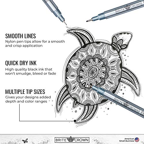 Brite Crown Drawing And Sketching Pens Set - 10 Black Fineliner Pens 0.2mm To 1.0mm Width Tips & 2.5mm Micro Calligraphy Brush-tip Pen, Ideal Gift Idea For Artists And Beginners