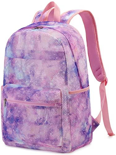 CAMTOP Mesh Backpack for Kids Girls Semi-Transparent See Through Sturdy School Bookbag Casual Daypack for Beach Swim Work Gym (Tie Dye Pink)