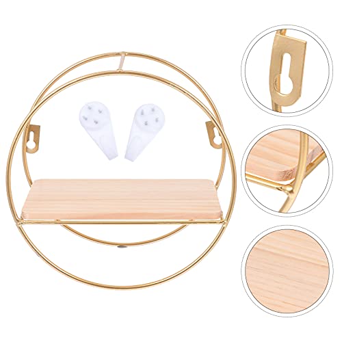 Cabilock 1pc Shelf Book Wood Sculpture Holder Rack Durable Metal Wire Vase Art Golden Wall-Mounted Wrought Room Bathroom Entryway Home Style Round Living Storage Rustic Plant Key Mounted
